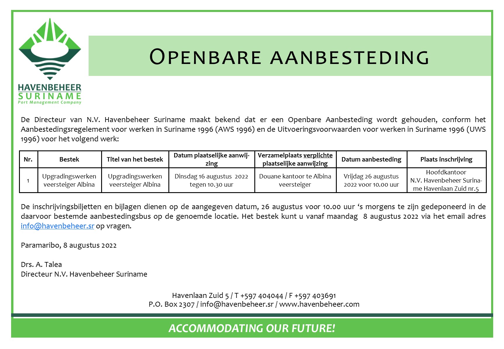 Openbare aanbesteding – NV Havenbeheer Suriname
